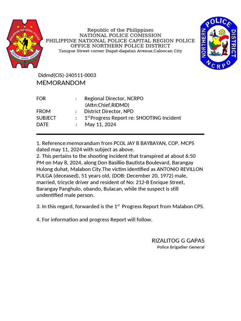 1st Progress Report on Malabon Shooting | PDF