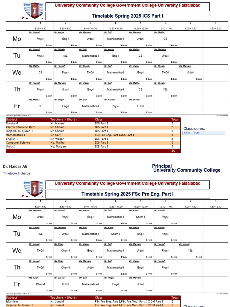 15 Ramzan Classwise Timetable ADP 2nd+3rd+4th+Inter Spring 2025 | PDF | Science