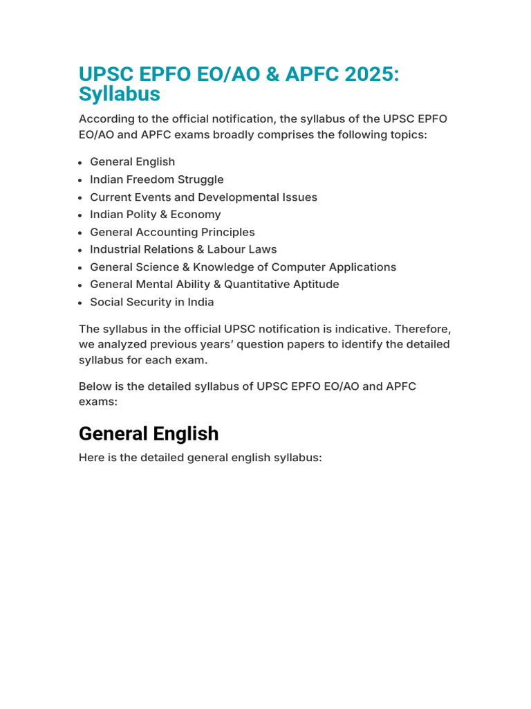 UPSC EPFO EO & APFC Syllabus | PDF | Insurance | Inflation