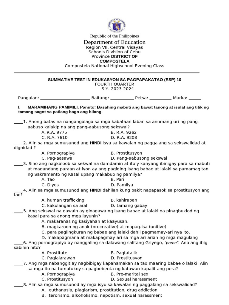 Q4 - P1 - Esp - 10 - District Summative-Tos-Answer Key | PDF
