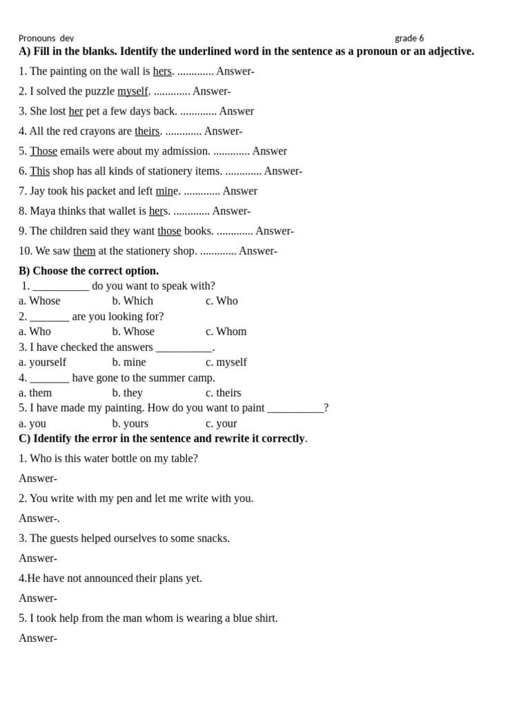 Pronoun Worksheet Grade 6 | PDF