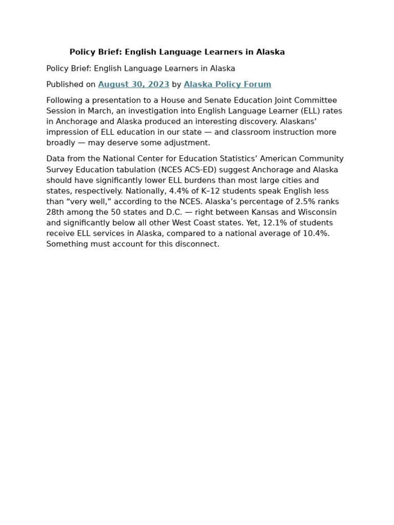 Policy Brief in English Language Learnes in Alaska | PDF | Alaska ...