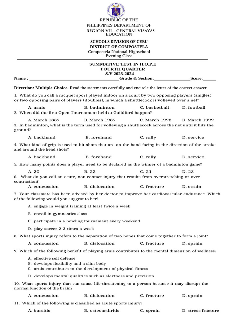 Q4 - P1 - Hope2 - 11 - District Summative-Tos-Answer Key | PDF | Physical Fitness | Flexibility ...