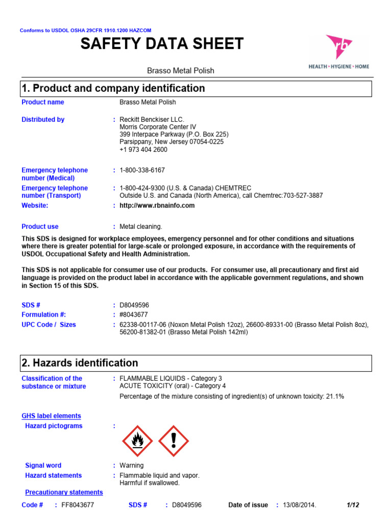 Brasso Metal Polish Safety Data Sheet | PDF | Toxicity | Personal ...