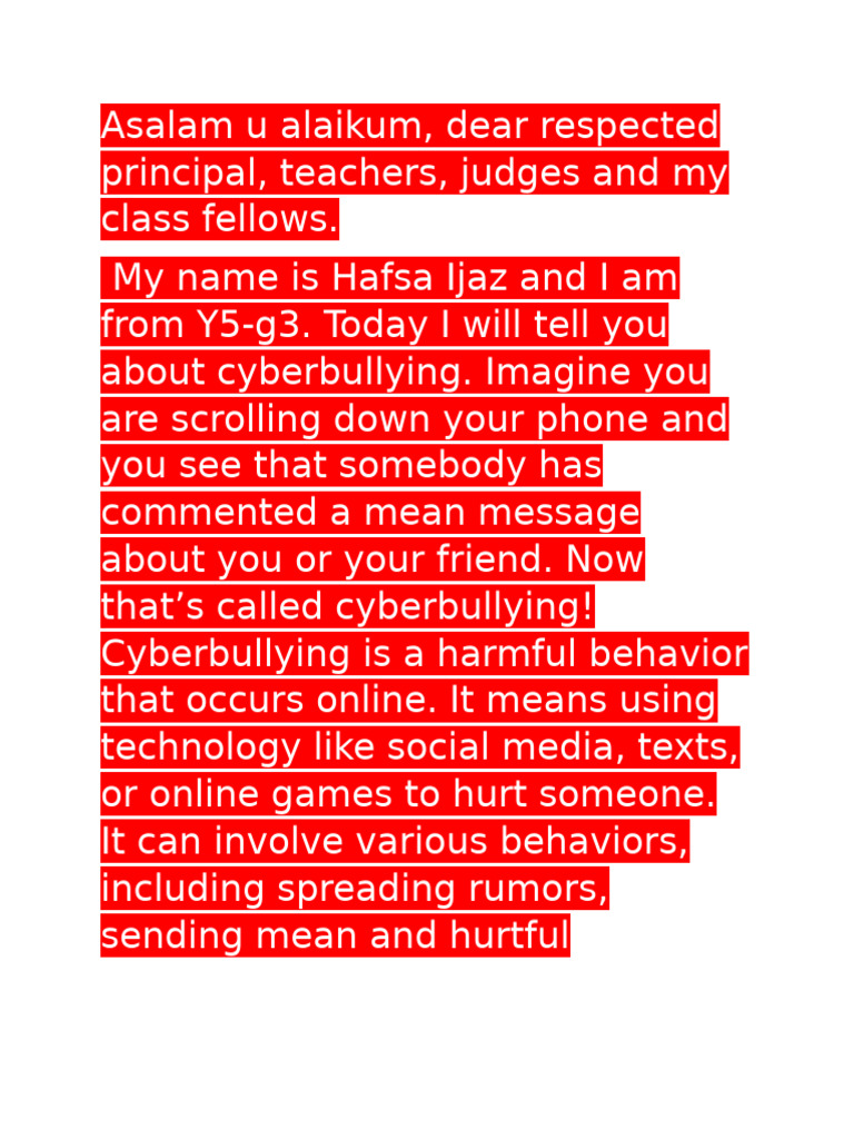 Asalam U Alaikum Speech About Cyberbullying | PDF