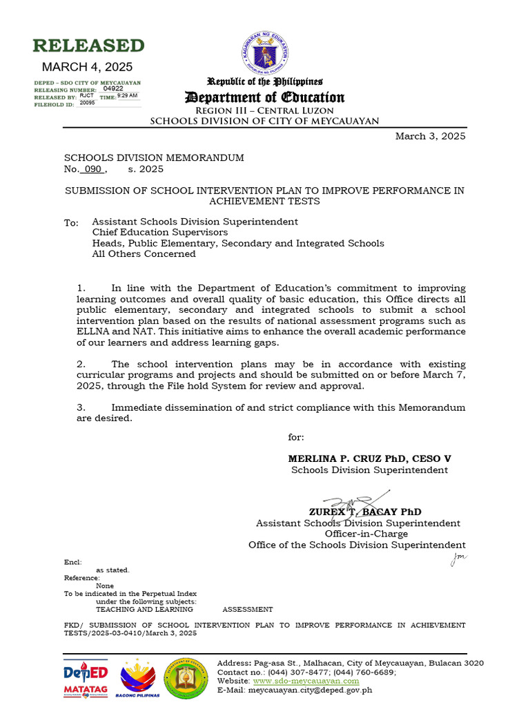 04922 - SCHOOLS DIVISION MEMORANDUM NO. 090, S. 2025 | PDF | Cognition | Intelligence