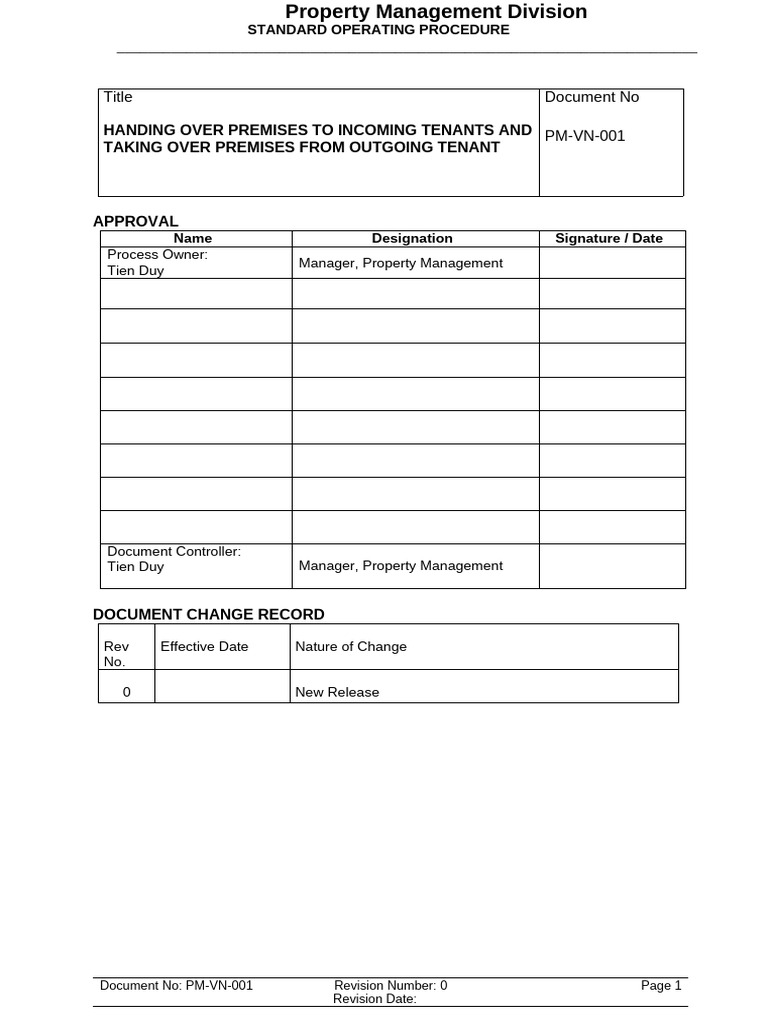 SOP - PMVN-001 Handing Over and Taking Over Premises Tenant | PDF | Taxes