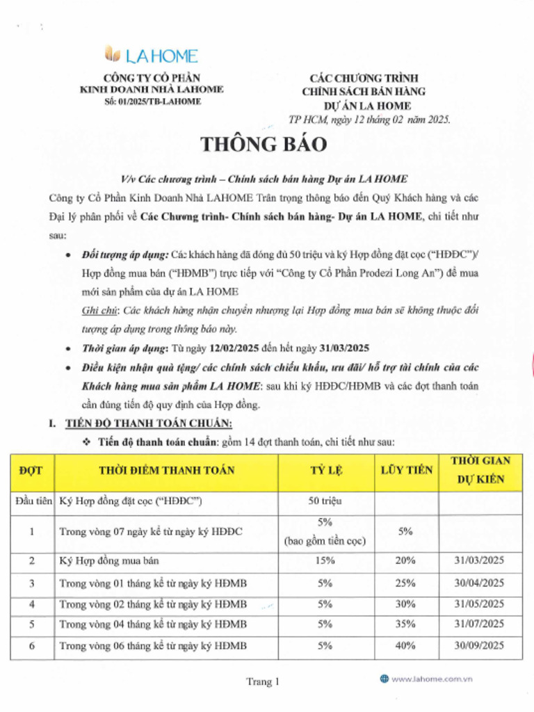 TB01.2025 - Thông Báo Chương Trình Chính Sách Bán Hàng Áp Dụng Đến 31.03.2025 | PDF