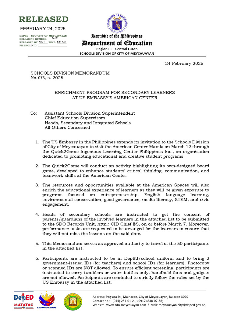 Schools Division Memorandum No. 073, S. 2025 | PDF | Cognition | Learning