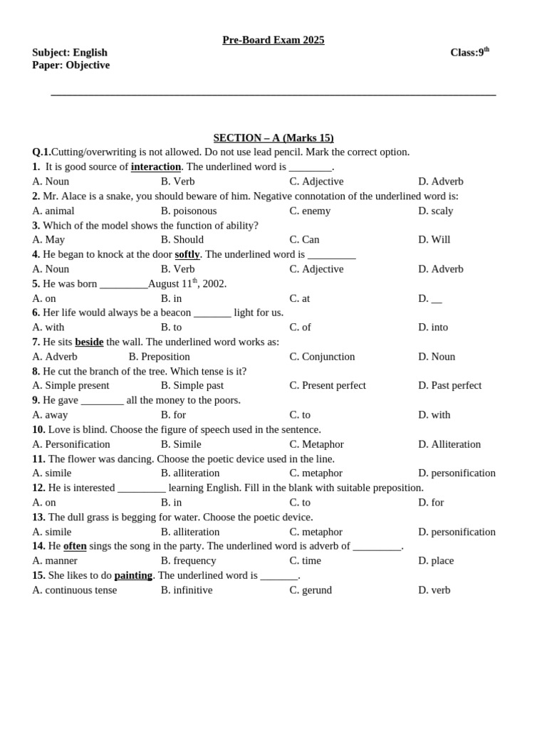 9th English Pre-Board 2025 | PDF | English Language | Adverb