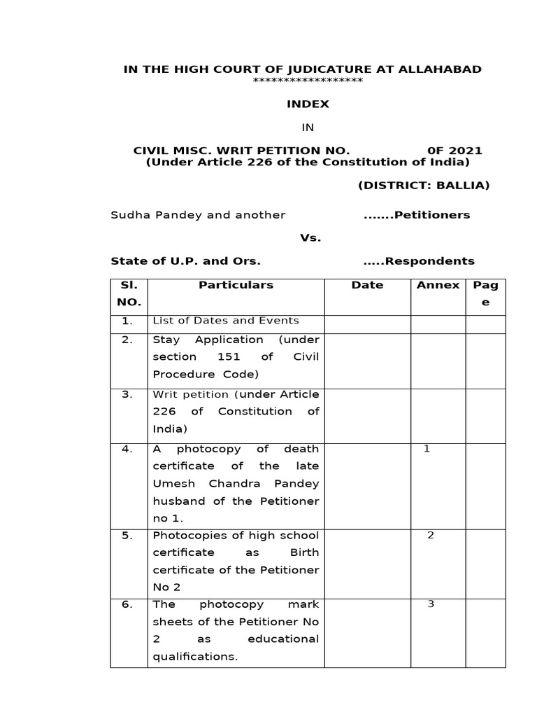 Civil Misc. Writ Petition Format - Allahabad High Court | PDF ...