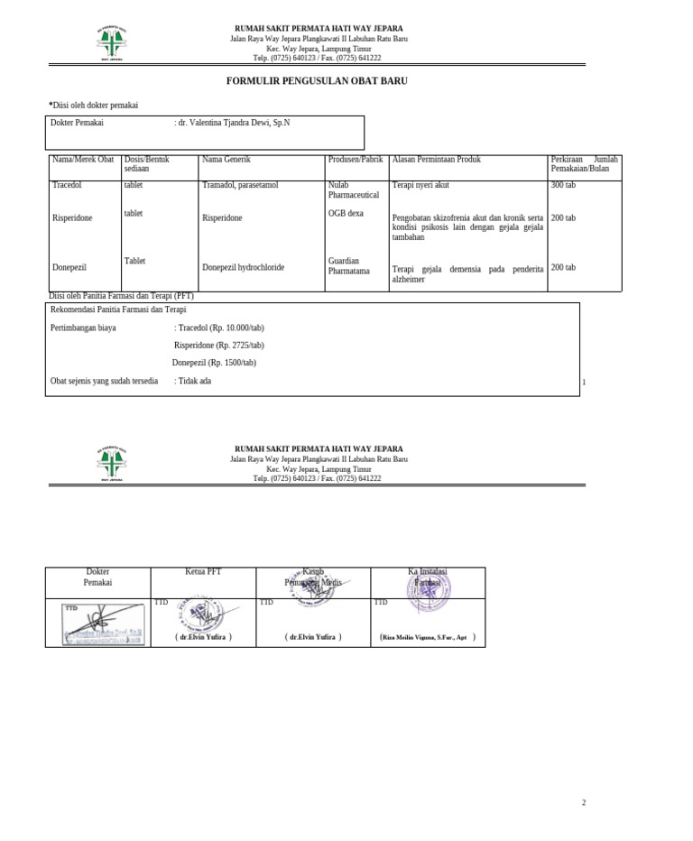 Permohonan Obat Tracedol di RS Permata Hati | PDF