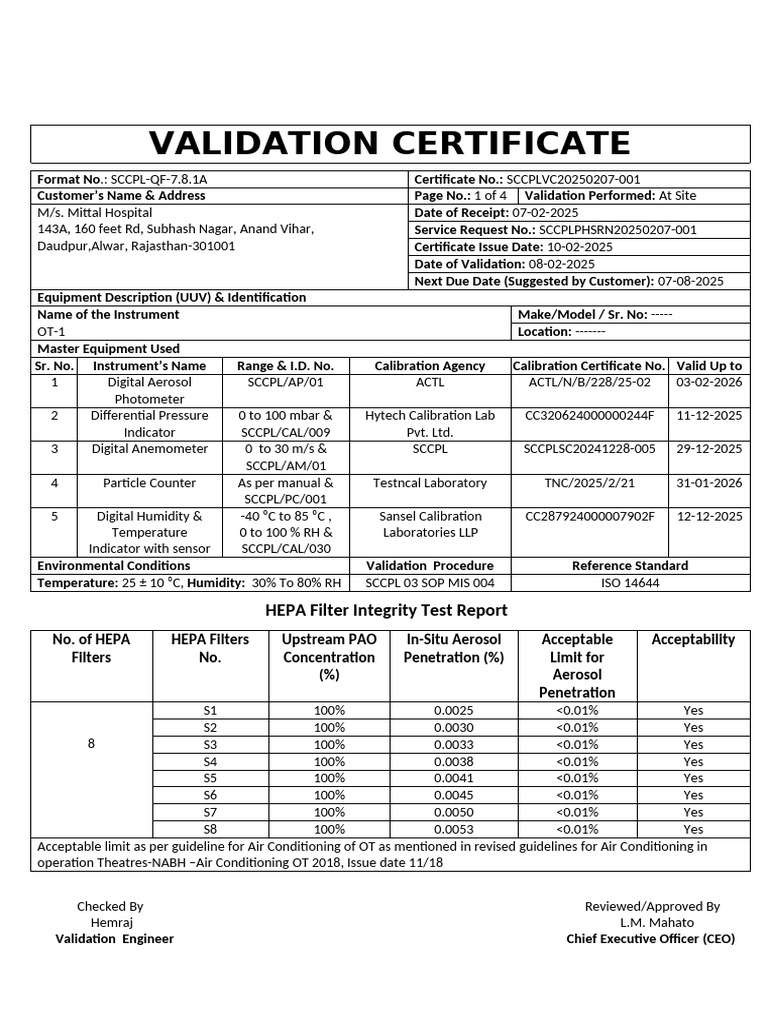 SCCPLVC20250207-001-OT - Filter Integrity Test Report - OT Validation ...