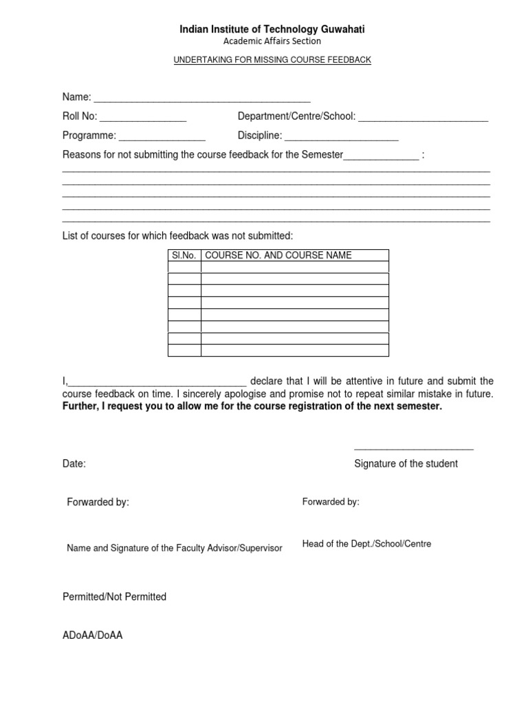 Undertaking Form For Missing Course Feedback | PDF