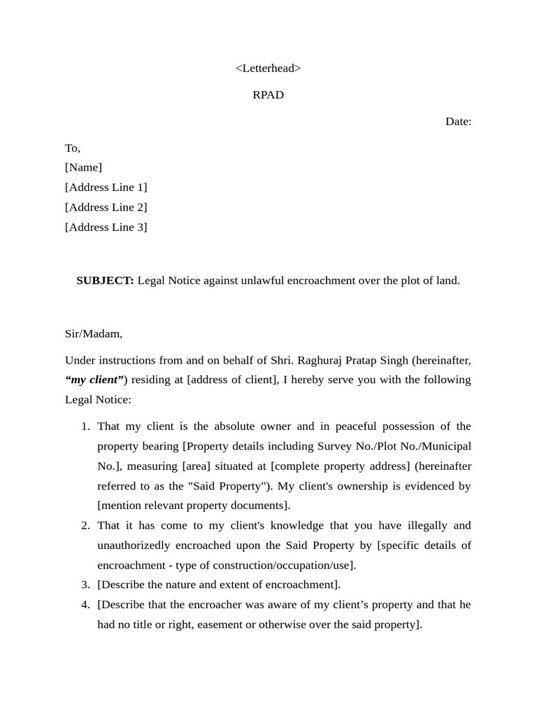 Legal Notice for Land Encroachment | PDF | Public Law | Common Law