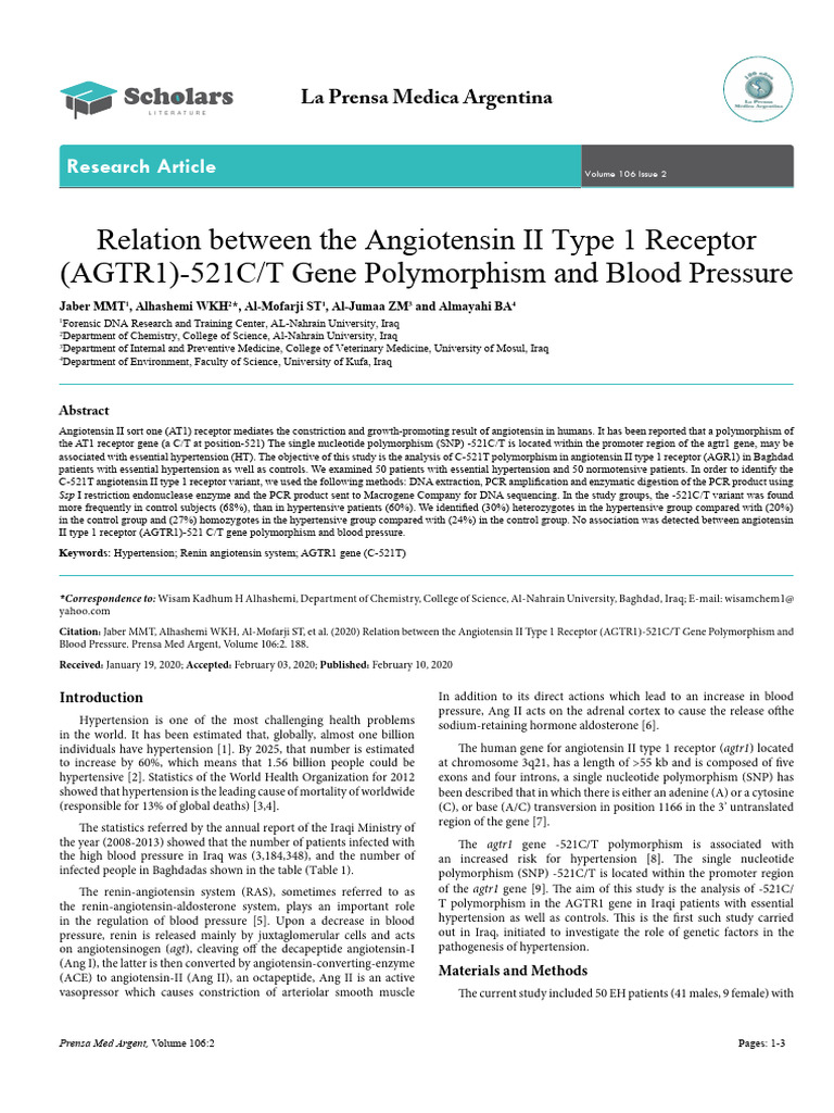 Relation between the Angiotensin II Type 1 Receptor | PDF | Angiotensin | Blood Pressure
