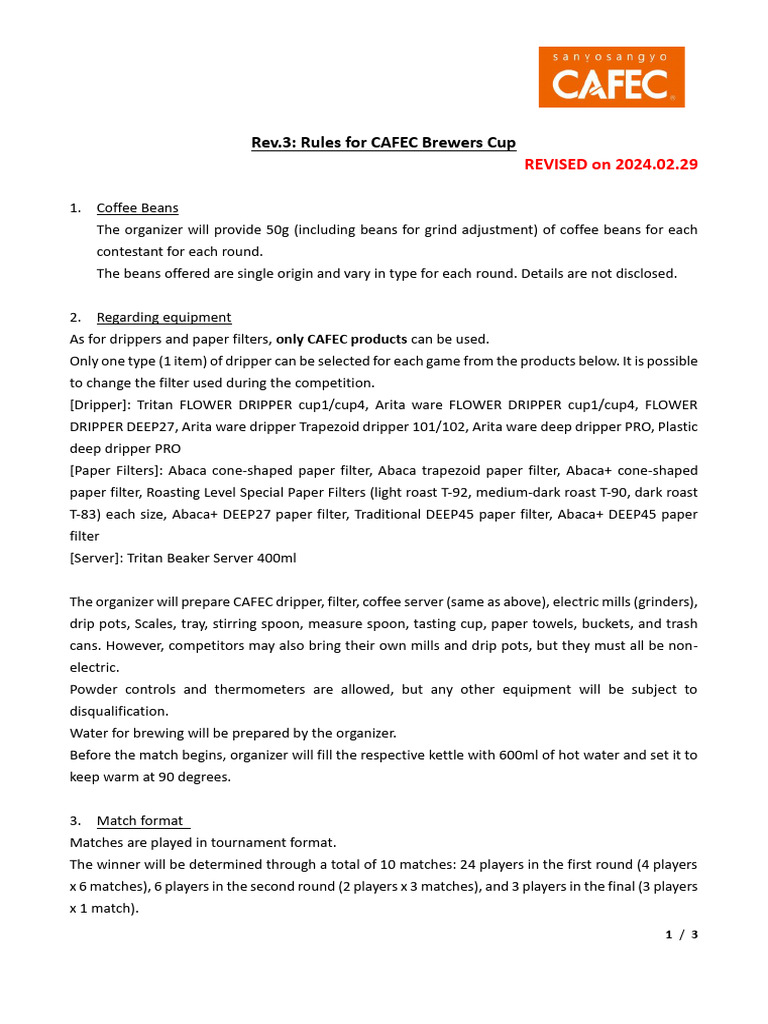 CAFEC Brewers Cup Rules Rev.3 | PDF | Coffee | Drink