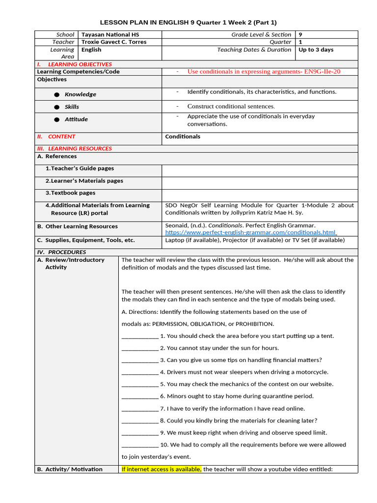 G9-Q1-Week2-Conditionals (Part 1) | PDF | Verb | Learning