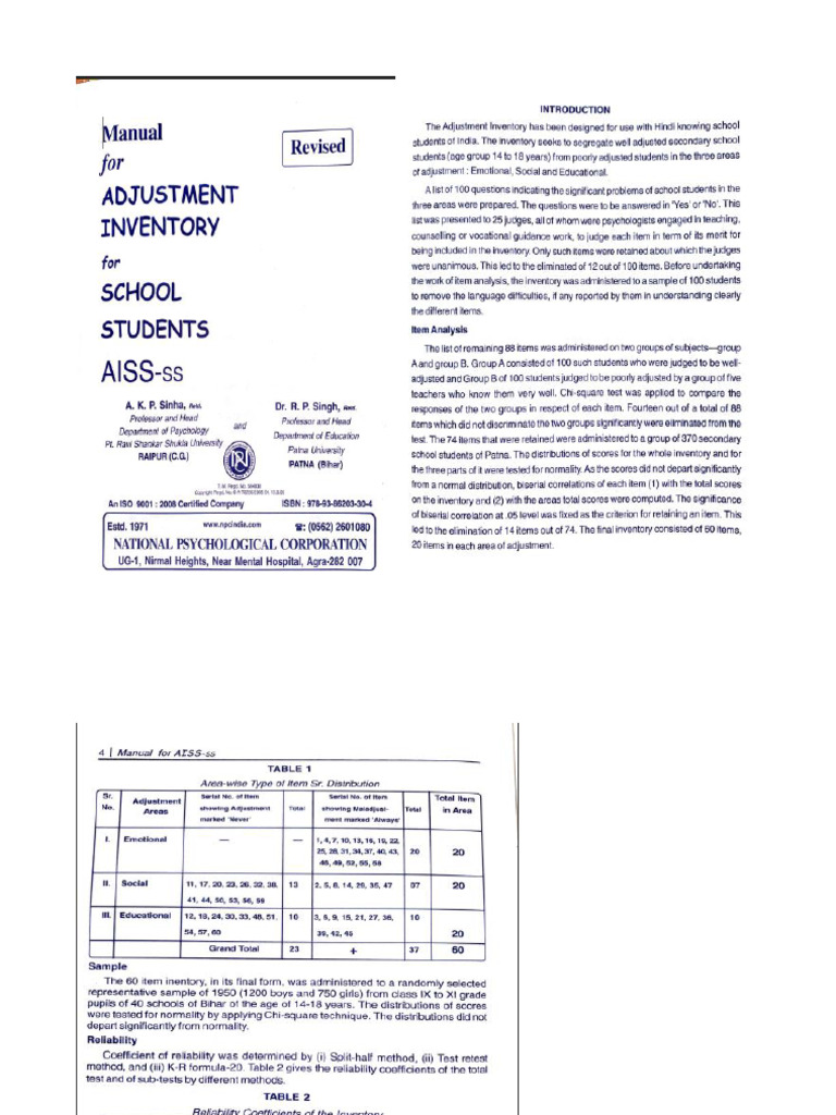 AISS Revised With Qustionnaire and Ans Key | PDF