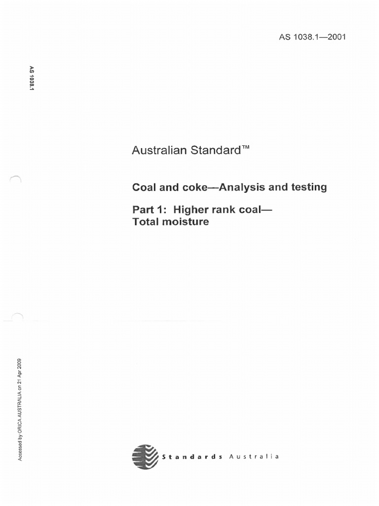 As 1038.1-2001 Coal and Coke–Analysis and Testing-Part 1-Higher Rank ...