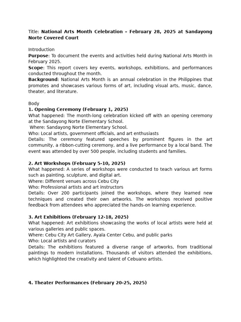 Sample Narrative Report + - Natl Arts Month Feb 2025 | PDF | Cebu | The ...