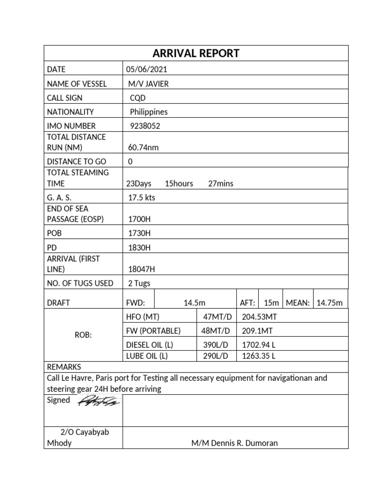 Arrival Report | PDF