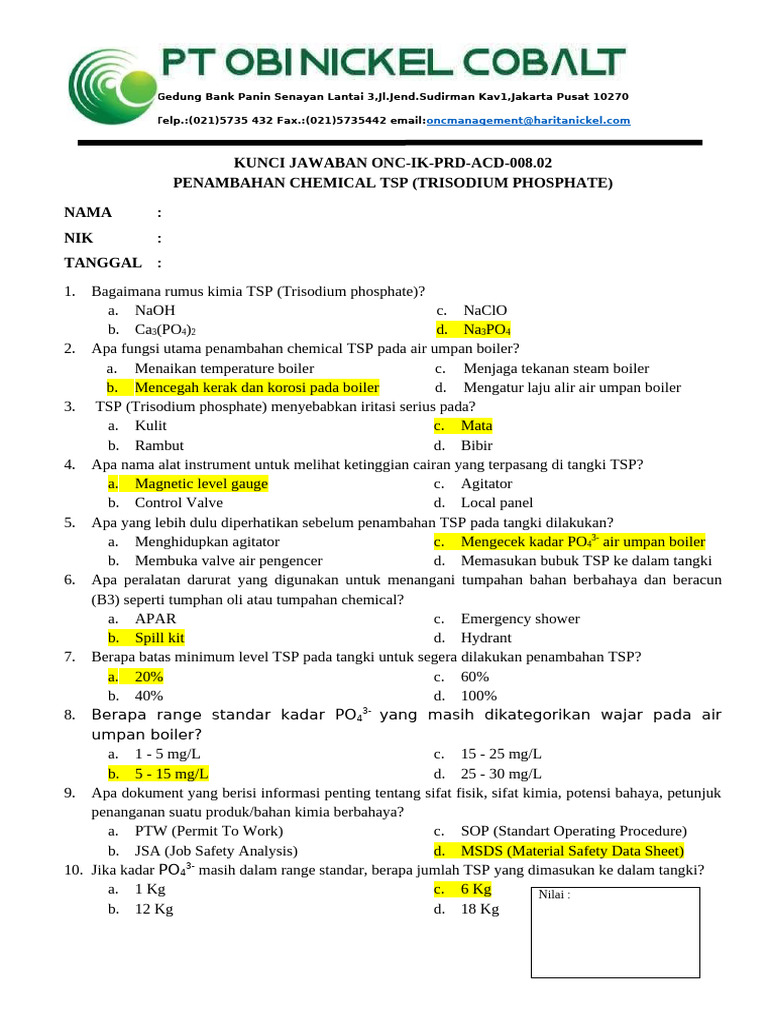 KUNCI JAWABAN ONC-IK-PRD-ACD-008.02 Intruksi Kerja Penambahan Chemical TSP (Trisodium Phosphate ...