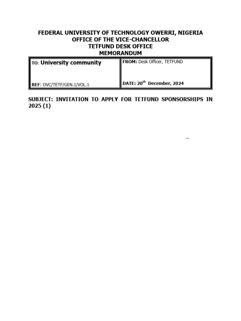 Invitation To Apply For Tetfund Sponsorships in 2025 | PDF | Academia ...