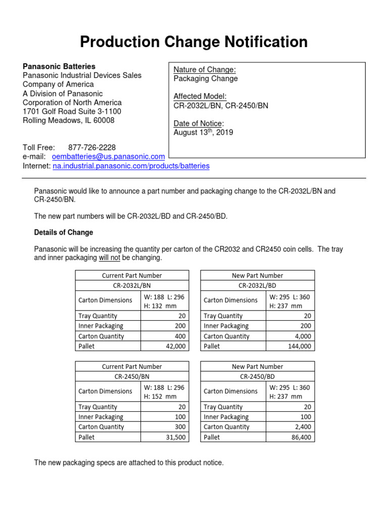 Panasonic CR2032, CR2450 Carton Product Notice | PDF