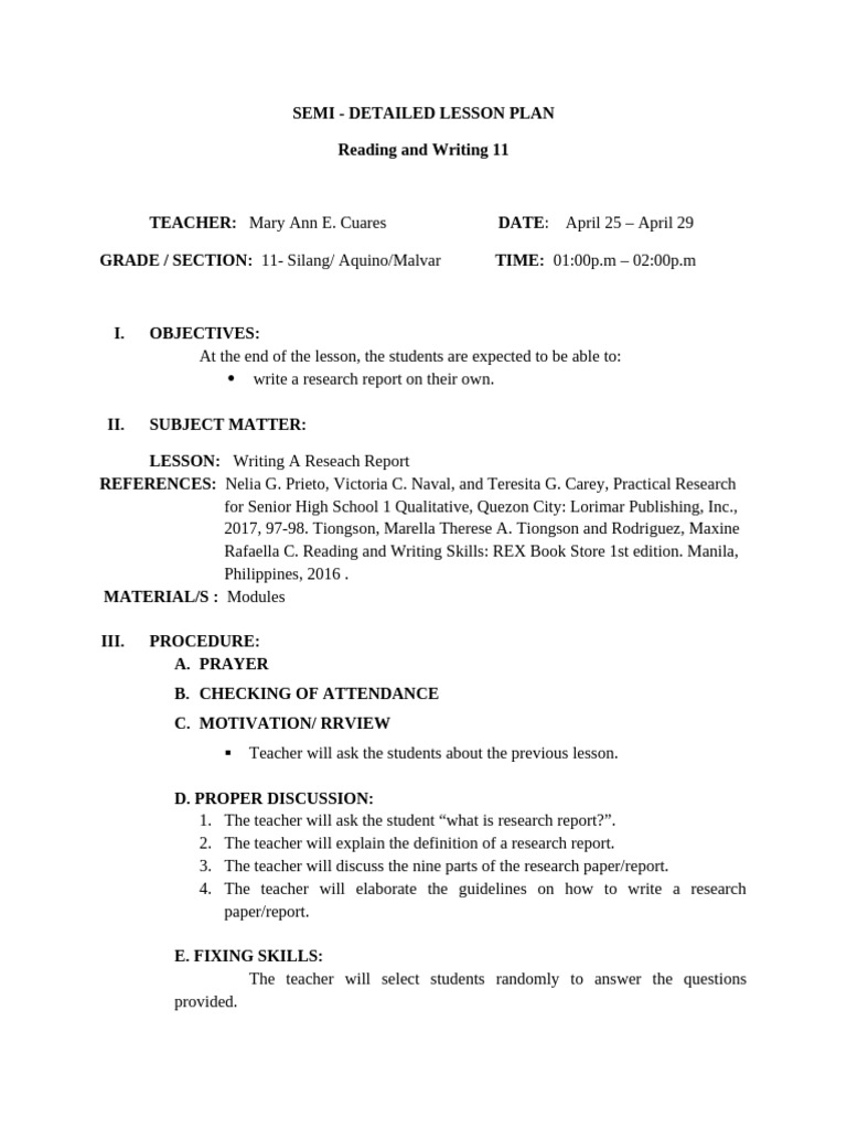 Writing a Research Report Lesson Plan | PDF | Methodology | Experiment