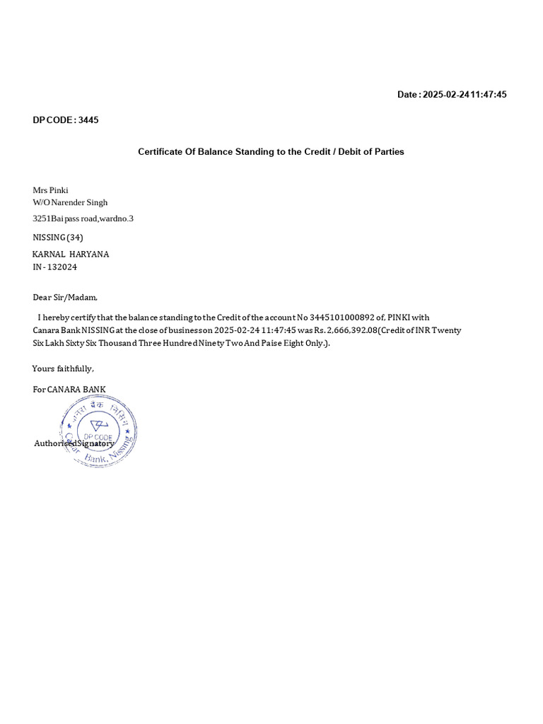 Pinki Balance Certificate | PDF