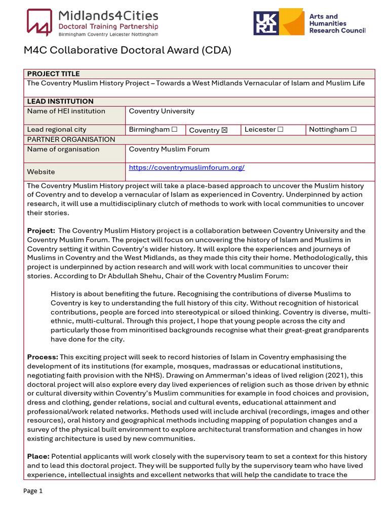 Coventry Muslim History Project Overview | PDF