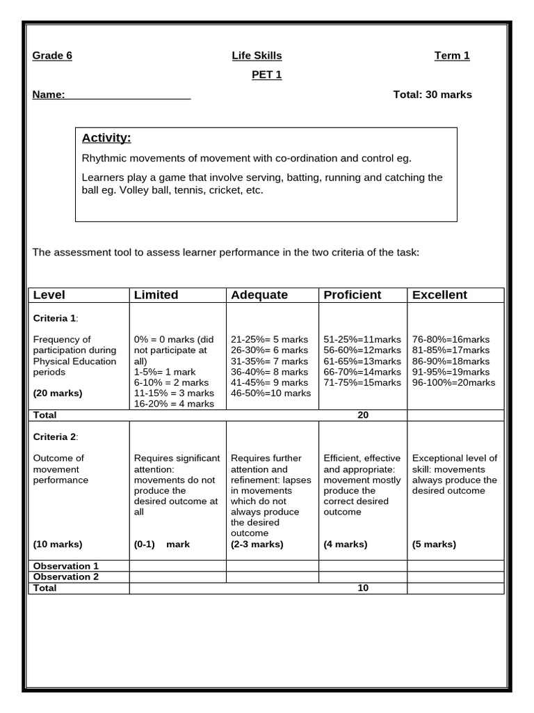 Grade 6 Physical Education Assessment | PDF