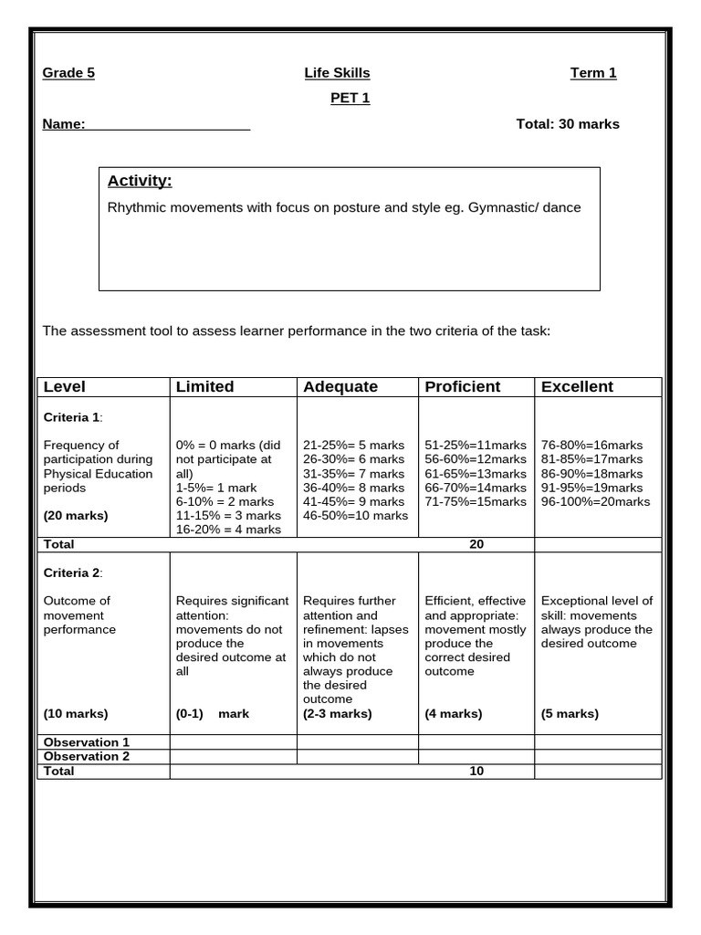 Grade 5 Physical Education Assessment | PDF