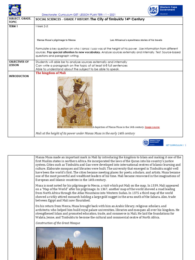 Lesson Plan SP Grade 7 SS History T1 W2 | PDF | Learning | Cognition