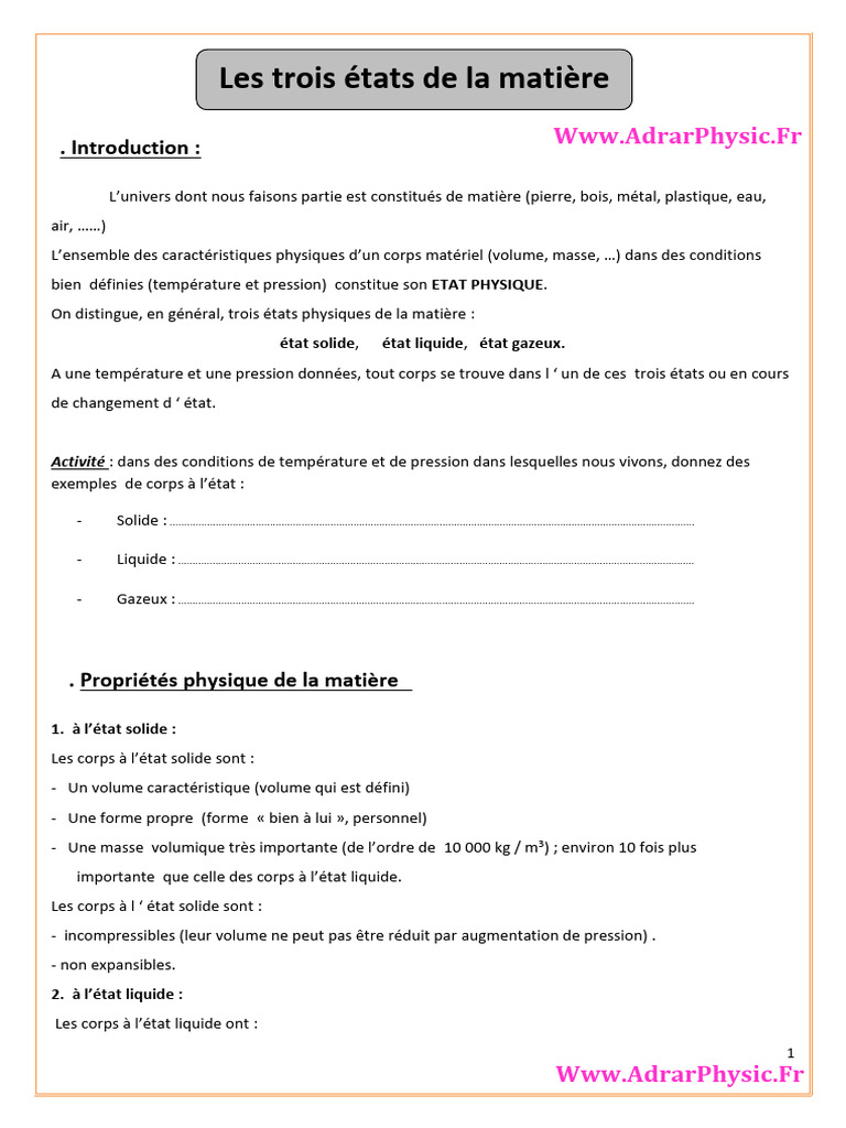 Les États Physiques de la Matière | PDF | Densité | Gaz