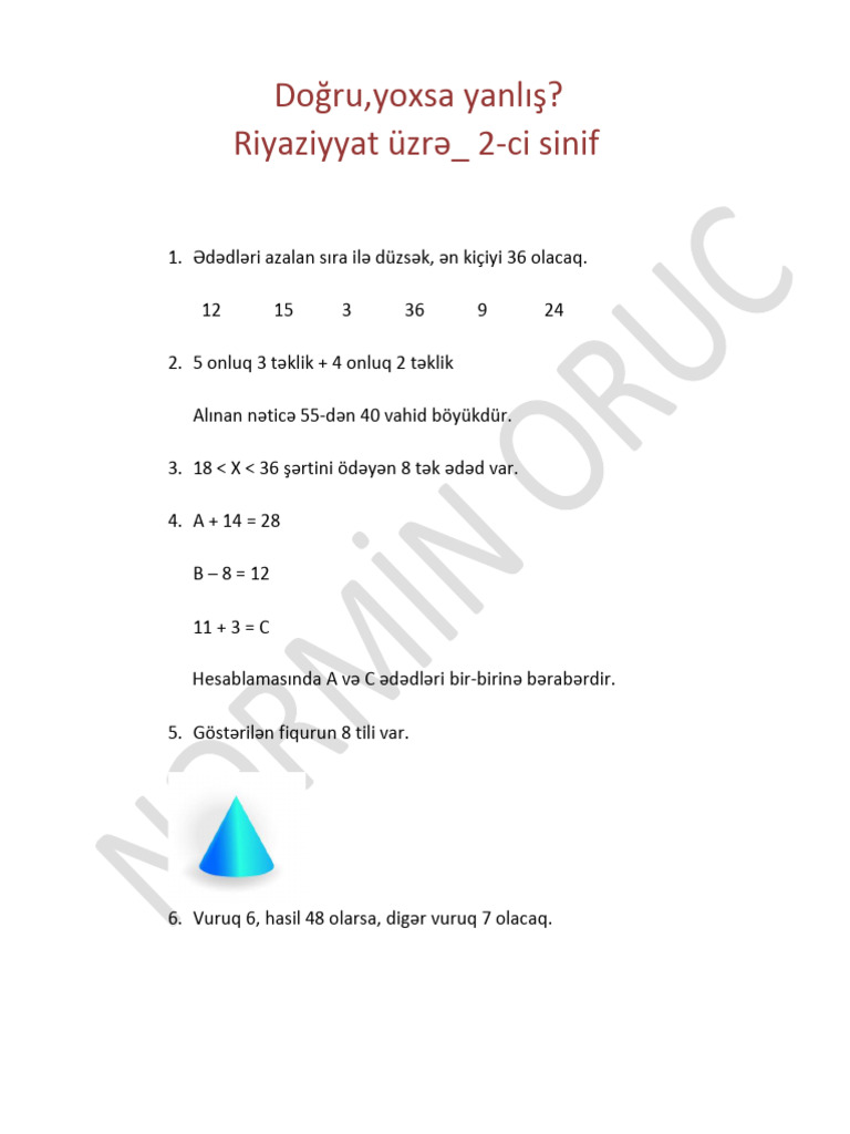 doğru,yoxsa yanlış.riyaziyyat 2ci sinif | PDF