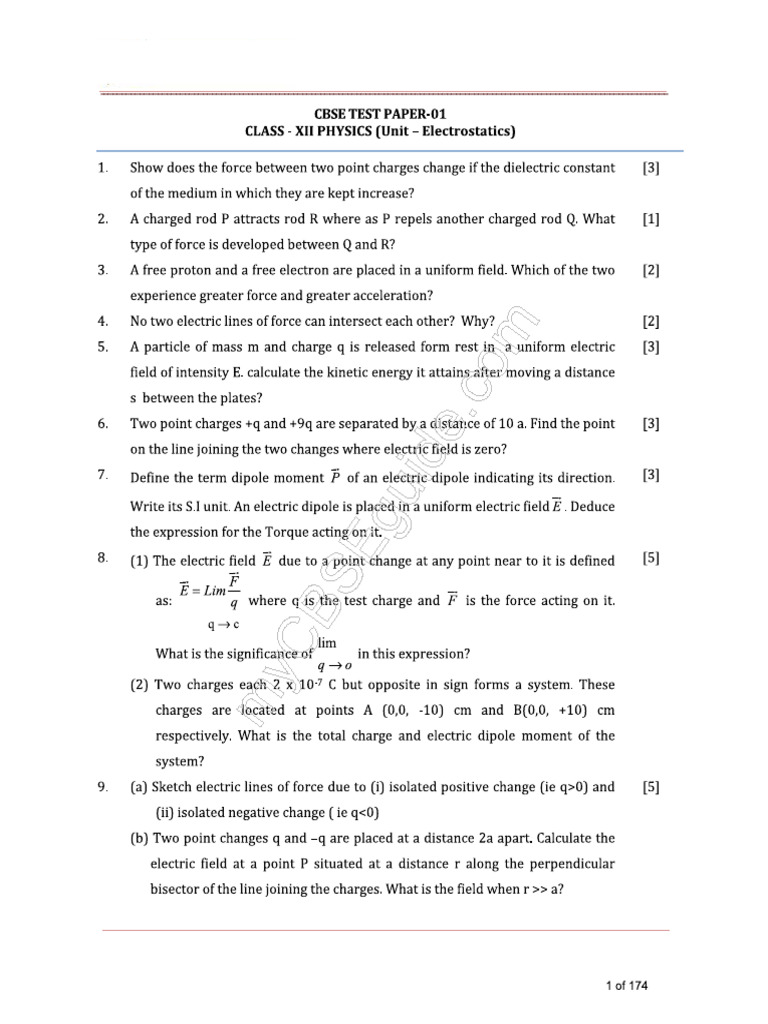 Phy Ch 1 2 Electrostatics Test 1 Qp Pdf
