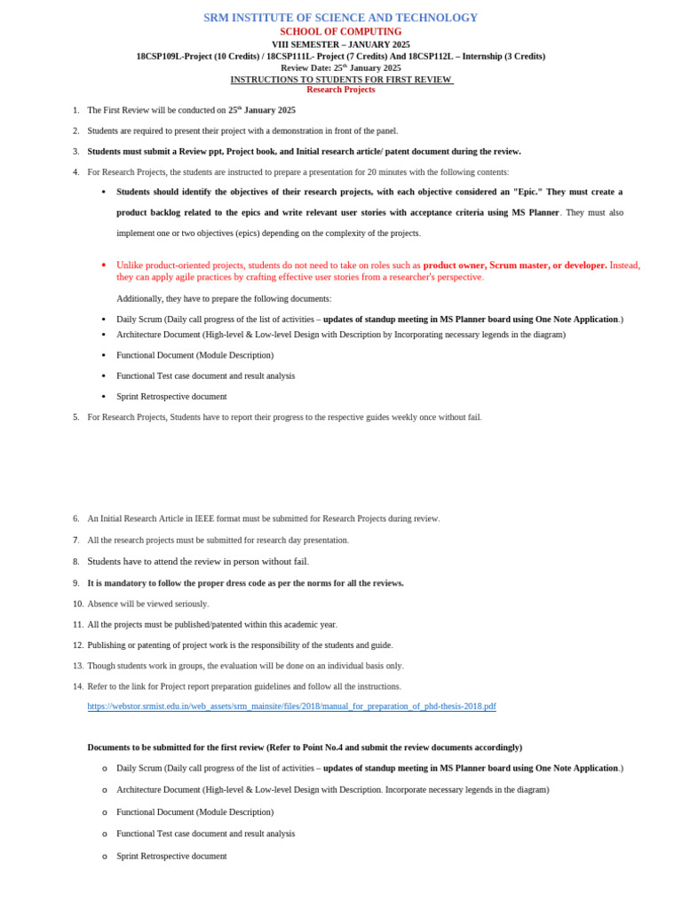 INSTRUCTIONS TO STUDENTS FOR FIRST REVIEW - Research Projects | PDF | Scrum (Software ...
