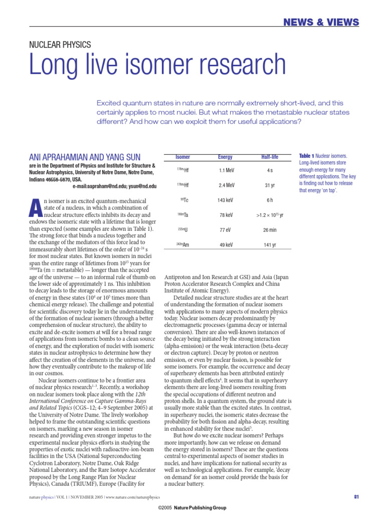 Aprahamian Nuclear Physics 2005 Long Live Isomer Research | PDF ...