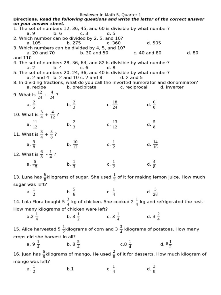 Math Review Questions for Quarter 1 | PDF | Foods | Cuisine