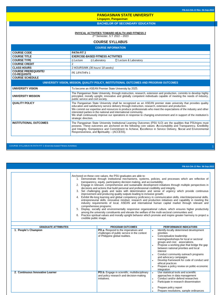 Path Fit 2 Revised Syllabus 2023 1 | PDF | Physical Fitness | Learning