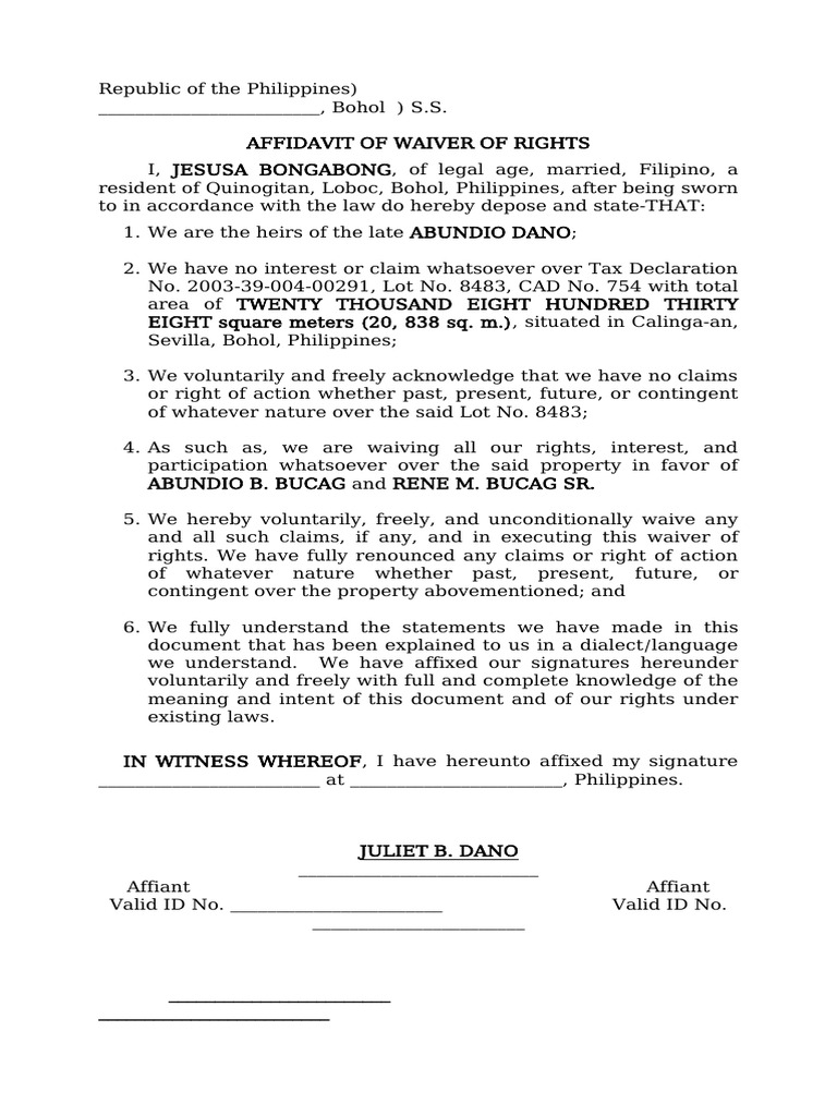 Affidavit of Waiver of Rights | PDF | Affidavit | Evidence
