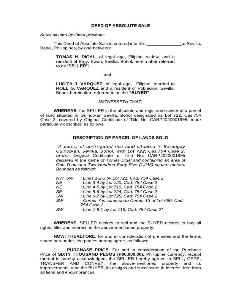 DEED OF ABSOLUTE SALE - Digal Varquez | PDF | Common Law | Private Law