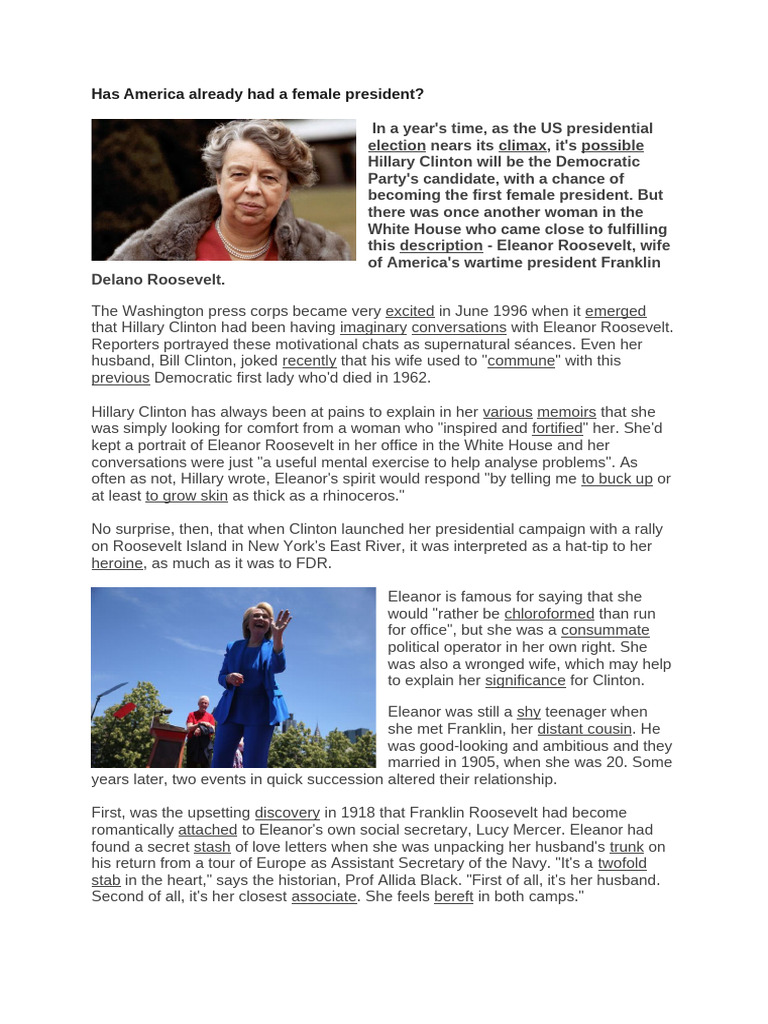 Female President Reading | PDF | Eleanor Roosevelt | Franklin D. Roosevelt