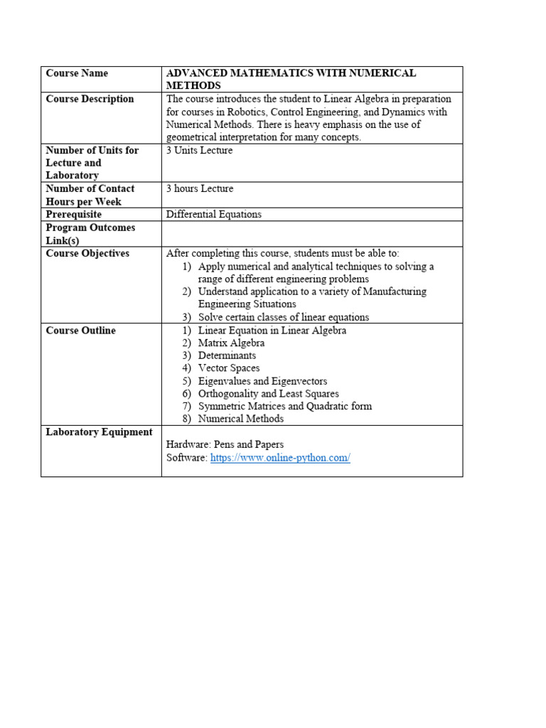 Advanced Mathematics With Numerical Methods - Syllabus | PDF
