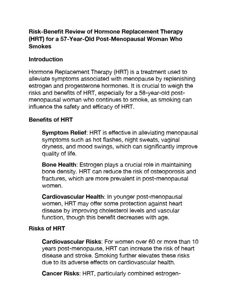 Risk-Benefit Review of Hormone Replacement Therapy (HRT) For A 57-Year-Old Post-Menopausal Woman ...