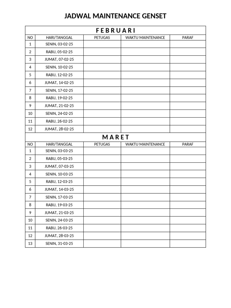 Jadwal Maintenance Genset | PDF