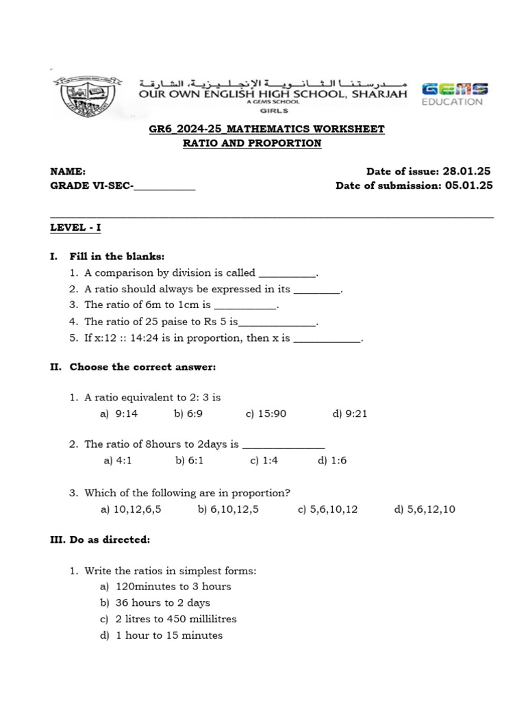 Gr6 - 2024-25 - Mathematics - Worksheet - Ratio and Proportion | PDF | Ratio | Mathematics