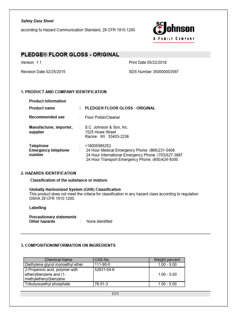 MSDS Pledge Floor Gloss Original | PDF | Working Conditions | Chemistry